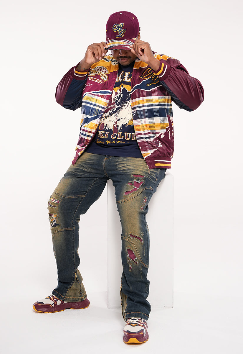 Blac Leaf Ski Club Bomber Jacket, Denim Jeans, Trucker Hat and G7 Snea